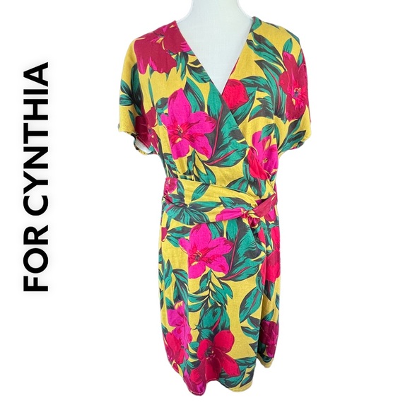 For Cynthia | Dresses | New For Cynthia Floral Yellow Pink Green Wrap ...